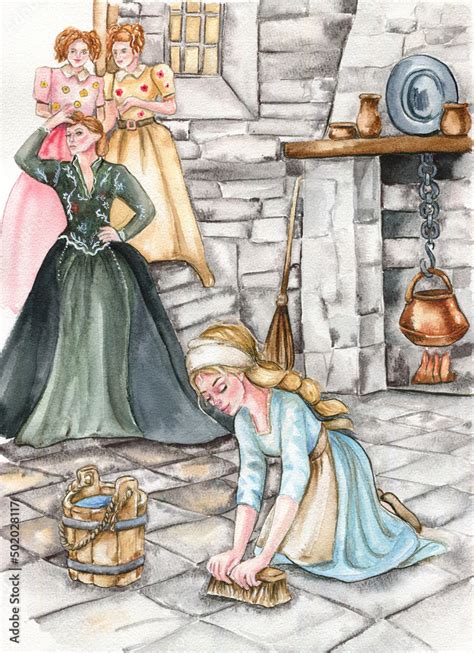 Cinderella Washes The Floors While Her Stepmother And Sisters Watch