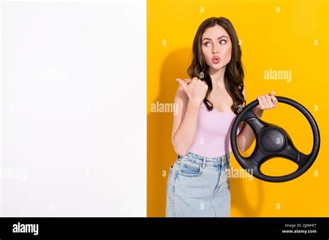 Photo Of Shocked Person Pouted Lips Look Indicate Finger Empty Space