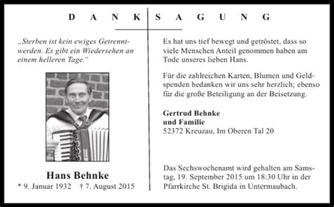 Traueranzeigen Von Hans Behnke Aachen Gedenkt