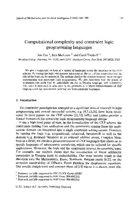 Pdf Computational Complexity And Constraint Logic Programming Languages