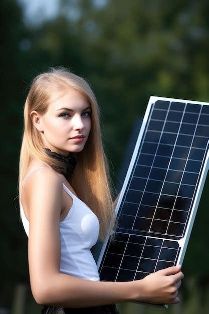 Premium Ai Image An Attractive Young Woman Holding Onto A Photovoltaic Solar Panel Created