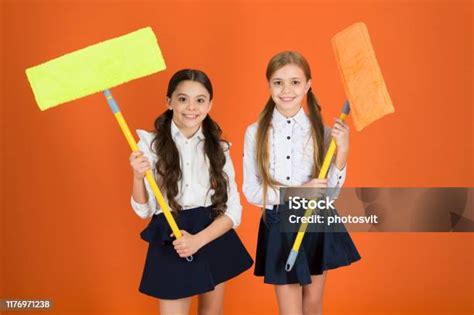 Super Duper Cleaning Cute Schoolgirls Holding Floor Mops School