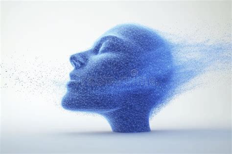 A Dissolving Blue Wireframe Human Face On A White Background Stock