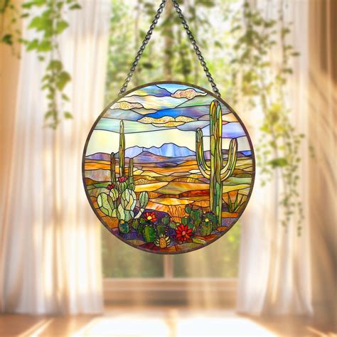 Desert Cactus Stained Glass Suncatcher Southwestern Window Hanging