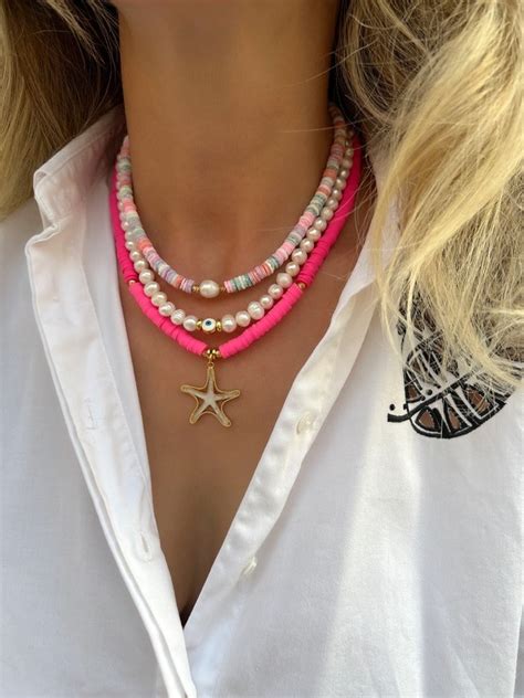 Fimo Beads Necklace Pink Fimo And Pearl Jewelry Handmade Etsy