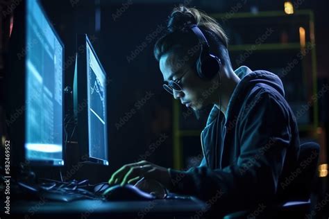 Young Hacker Male Man Boy Hacking A Network System With A Laptop Computer Danger For Cyber