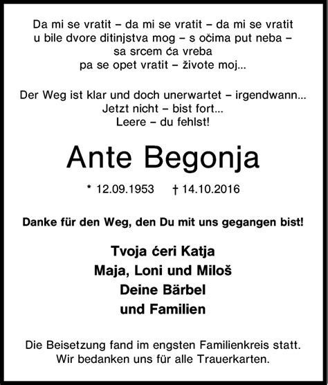Traueranzeigen Von Ante Begonja Trauer In Nrwde
