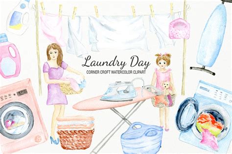 Watercolor Laundry Day Clipart For Instant Download