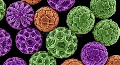 Colorful Pollen Grains Under Microscope Science Background With Microscopic Cells For Allergy