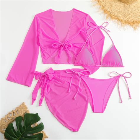 Women Pink Micro Mini String Bikini Sets 4 Pieces With Mesh Cover Tops