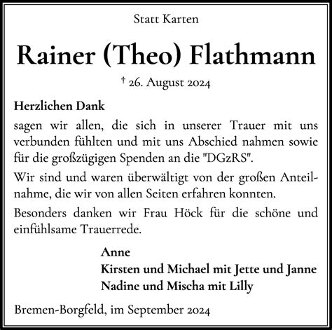 Traueranzeigen Von Rainer Flathmann Trauer And Gedenken