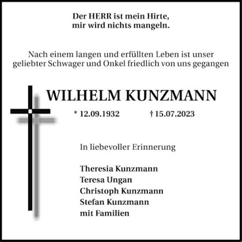 Traueranzeigen Von Wilhelm Kunzmann Trauerportal Ihrer Tageszeitung