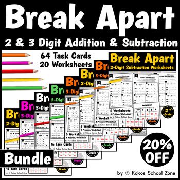 Break Apart Task Cards Worksheets For Digit Addition Subtraction Bundle