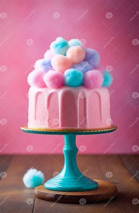 Colorful Cotton Candy Cake With Fluffy Balls On Top On Teal Colored Stand On Wooden Surface