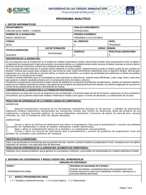 Espe Silabo Investigacion Operativa Malla Creditos Pdf Programación Lineal Optimización