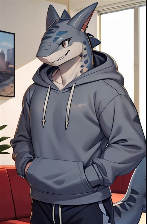 Furry Shark Male Standing In Living Room Wearing A Hoodie And