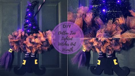 Diy Dollar Tree Lighted Witch Hat Wreath Halloween Decor Youtube