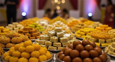 Colorful Assortment Of Traditional Indian Sweets Mithai Display For Festival Or Wedding Event