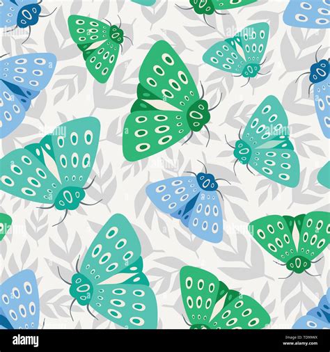 Seamless Repeat Pattern Background Of Green And Blue Moths On Tossed Grey Leaves A Vector