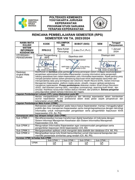2023 - 2024 RPS OBE STrKep Sem VIII MK Sistem Informasi Kesehatan | PDF