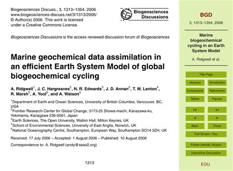 Pdf Marine Geochemical Data Assimilation In An Efficient Earth System