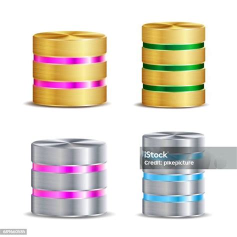 네트워크 데이터베이스 디스크 아이콘 벡터 세트입니다 컴퓨터 하드 디스크의 현실적인 그림입니다 황금 금속은 크롬 흰색 절연 백업 개념 3차원 형태에 대한 스톡 벡터 아트 및