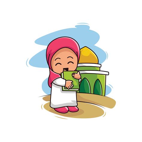 Ramadan Character Logo Illustration Cute Girl Character Holding Holy