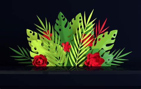 열대 종이 손바닥 몬스타 나뭇잎과 꽃 프레임 제품 프리젠 테이션을위한 연단 플랫폼 여름 열대 잎입니다 종이 접기 이국적인 정글