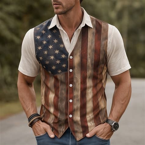 Mens 250th Anniversary Patriotic American Flag Western Shirt Short