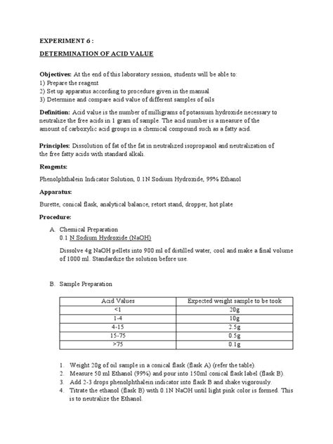 Experiment 6 Determination Of Acid Value Pdf Titration Chemistry
