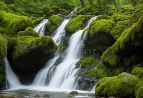 A Secluded Waterfall Surrounded By A Lush Fern Covered Gorge The Water