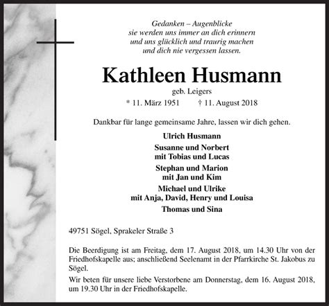 Traueranzeigen Von Kathleen Husmann Noz Trauerportal