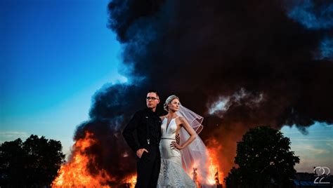 Photographer Shoots Bride And Grooms Wedding Pictures With A Burning
