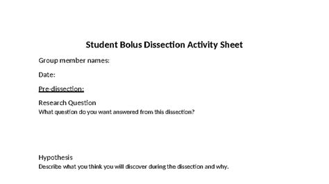 Student Bolus Dissection Activity Sheet Dissection Initial