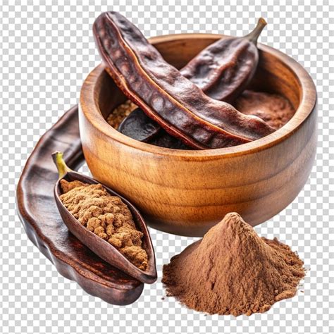 Carob Pod And Powder In Wooden Bowl Isolated White Background Premium