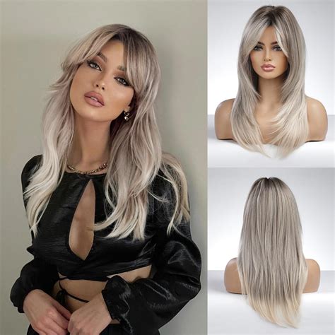 Honygebia Brown Blonde Wig With Bangs Long Wavy Ombre
