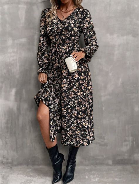 Rochie Midi Rodica Neagra Cu Model Floral Bej Iuliashop