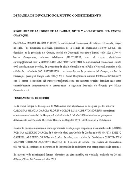 Demanda De Divorcio Por Mutuo Acuerdo Pdf Divorcio Instituciones