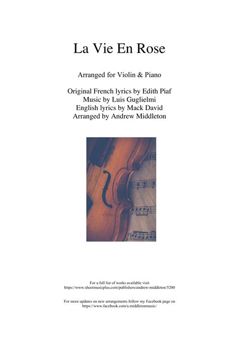 La Vie En Rose Arr Andrew Middleton By Edith Piaf Sheet Music For