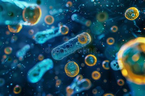 A Microscopic World Of Blue And Gold Bacteria Swirling In A Deep Blue