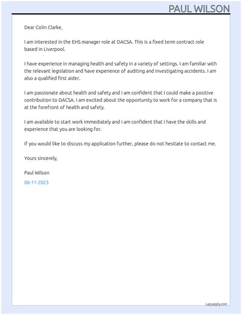 Cover Letter For Ehs Manager Lazyapply