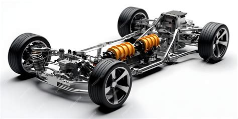 3d Rendering Of A Car Chassis Engine Against A White Background Concept Car Chassis Engine White
