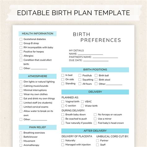 Editable Birth Plan Template For Canva Printable Birthing Plan Blue