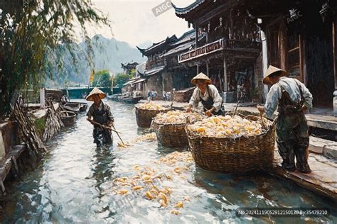 Ai创作图古代水上集市 古代捕鱼场景 村落养鱼 挑水场景 打鱼场景 场景挑水场景 古代养鱼 古人打渔场景 古代筑塘场景 江中淘金 丰收的渔民