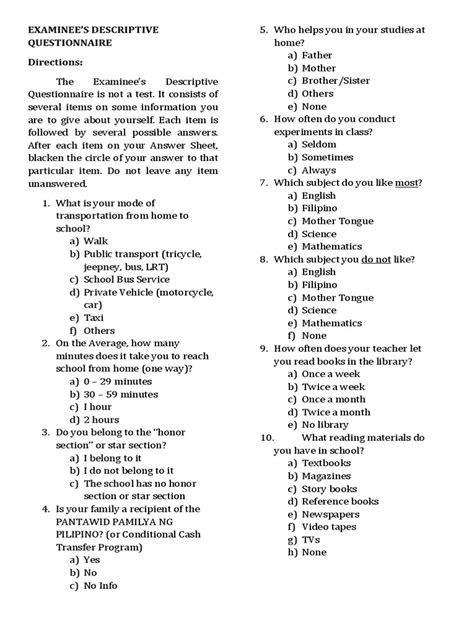 An Examinees Personal And Academic Background A Descriptive Questionnaire Pdf Transport