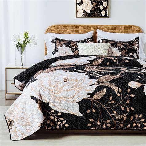 Yogeneg King Size Quilt Setwhite Gold Floral Botanical Pattern Black Bedding Set3