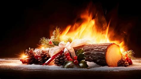 Warm Festive Yule Log With Pinecones And Holly Berries Amidst Glowing Flames On Snow Background