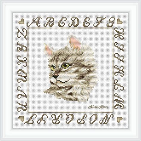 Cross Stitch Pattern Head Cat Alphabet Portrait Monochrome Inspire Uplift