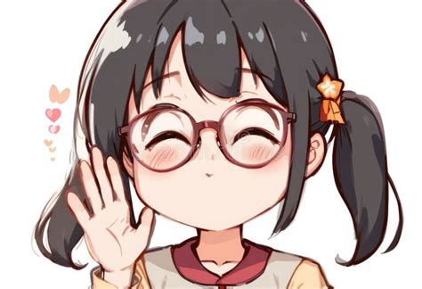 Cute Anime Girl Waving Hello With Heart Emoticons And Glasses Stock