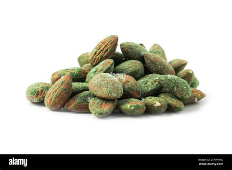 Handful Of Spicy Almonds With Wasabi Isolated On White Background Stock
